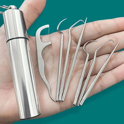 1set-Stainless Steel Toothpick Set Tooth Flossing Reusable T