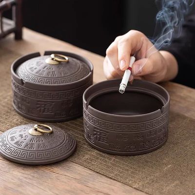 Living Room Purple Clay Ashtray with Lid Anti Fly Ash Smoke
