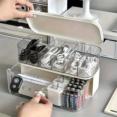 Double Layer Transparent Desktop Cable Organizer Box Adjusta