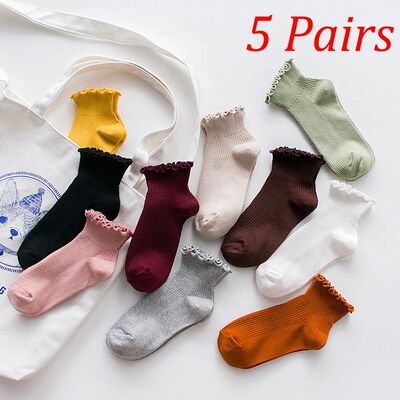5 Pairs Women Short Ruffle Socks Girls Ankle Socks Solid Can