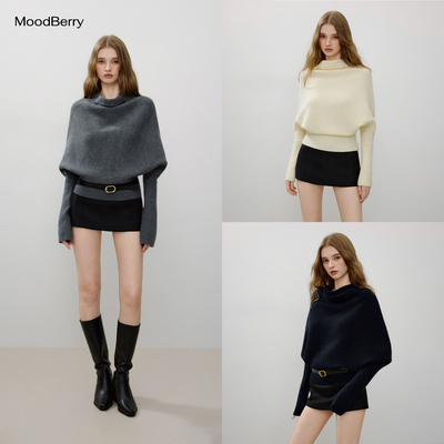 MoodBerry 美式复古蝙蝠袖毛衣女秋冬设计感收腰显瘦套头针织上衣