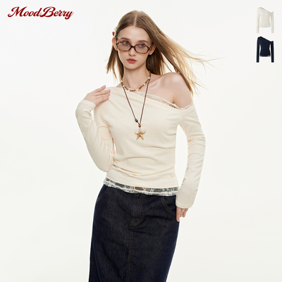 MoodBerry美式辣妹蕾丝拼接斜肩长袖T恤女秋季修身显瘦内搭短上衣