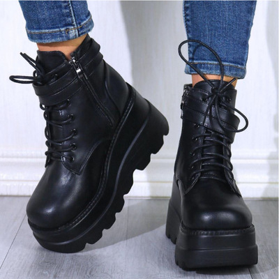 women platform boots wedge shoes女防水台圆头厚底短筒靴女鞋