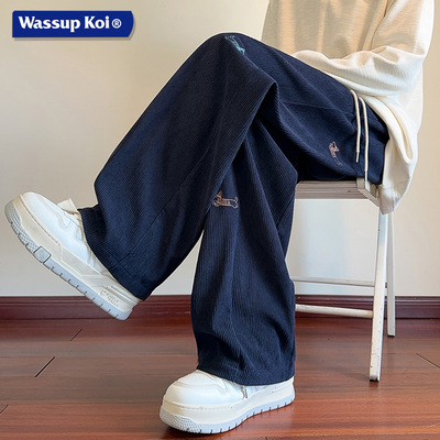 WASSUP腊肠狗刺绣灯芯绒直筒裤男