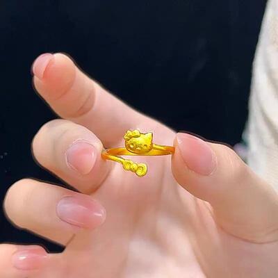 KT猫蝴蝶结沙金戒指公主戒指