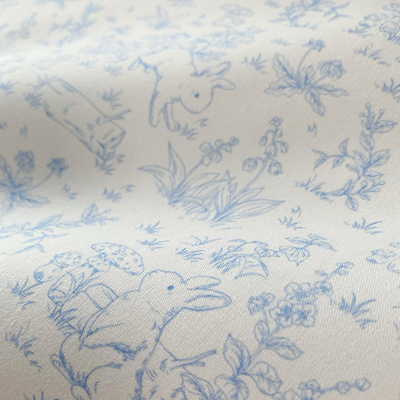 21支线绢棉布手绘线条蓝白小花兔子手工diy包包手作宠物衣服布料