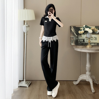 8579运动套装女夏季时尚洋气时髦黑色翻领上衣蕾丝边阔腿裤两件套