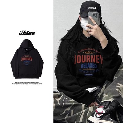 vintagetang美式复古字母连帽卫衣女宽松秋冬加绒黑色帽衫外套女