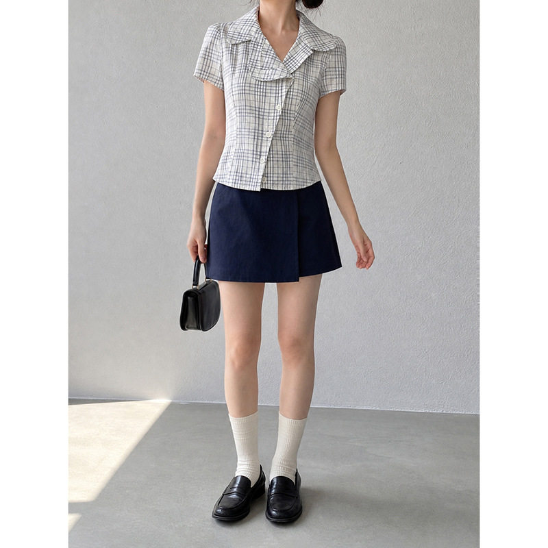 Tania 复古格纹POLO领斜排扣衬衣小衫夏季新款衬衫上衣女