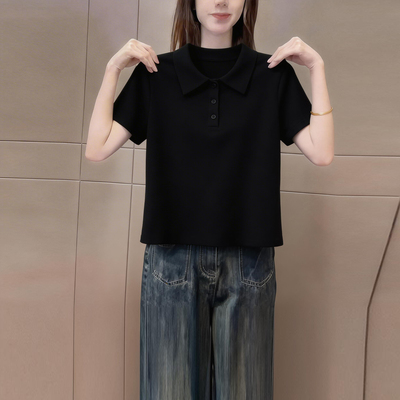 极简高级黑色Polo领短袖t恤女装