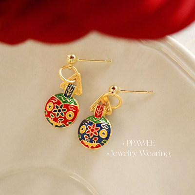 招财进宝|古法烧蓝吞金兽耳环吊坠民族风新年耳饰红蓝色喜庆耳钉