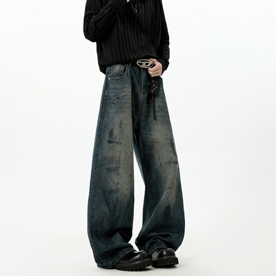 ZMGEEN潮牌牛仔裤男春季2026新款美式重工复古直筒宽松阔腿长裤子