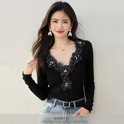 专柜法式重工钉珠花朵气质v领毛针织衫女新款内搭打底衫女士上衣