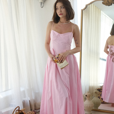 sibleu法式小众设计粉色v领大裙摆夏日显瘦甜美度假连衣裙