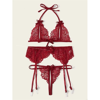 Sexy lace bra panties garter belt bikini three-piece suit