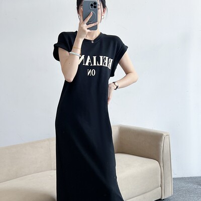 M清仓！含棉~时尚字母胶印宽松显瘦纯色系百搭休闲连衣裙L10428