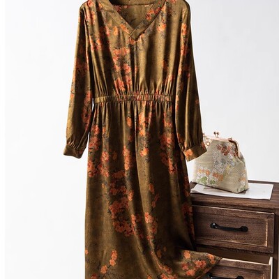 提花仿香云纱 桑蚕丝V领长袖宽松大版型真丝连衣裙长裙 F31212