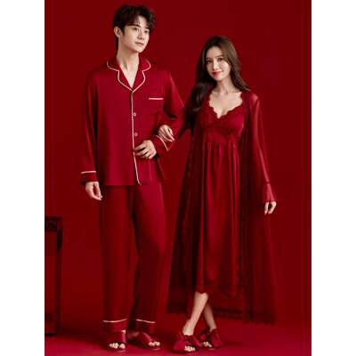 法国LITT睡衣秋季红色真丝情侣睡衣女桑蚕丝大码结婚新婚家居服男