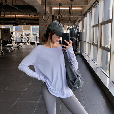 亲肤套指无缝收腰显瘦大码女健身服瑜伽服上衣跑步长袖运动T恤衫