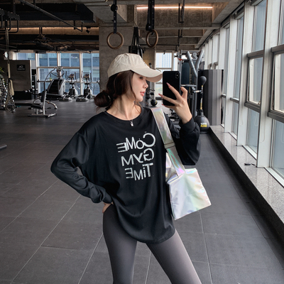 显瘦宽松大码胖mm女健身服瑜伽服上衣速干跑步长款字母运动T恤衫