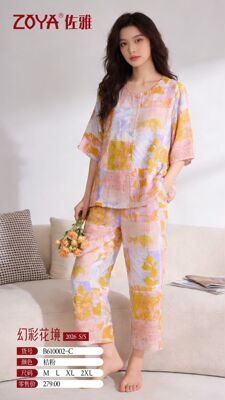 佐雅春夏女款梭织圆领开衫七分袖长裤家居服睡衣套装610002