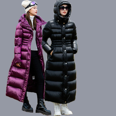 大码95白鸭绒免洗亮面加厚收腰冬新款胖mm加长款保暖连帽羽绒服女