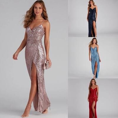 亮片吊带主持人宴会性感晚礼服连衣裙 Sexy sequin evening dress