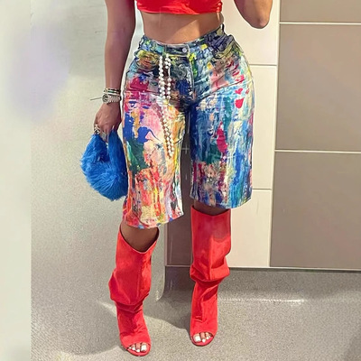 印花休闲口袋牛仔短裤2026 women's printed casual denim shorts