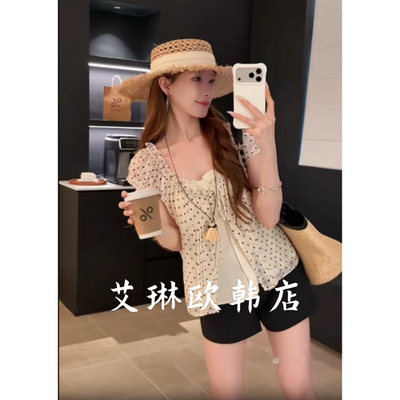26071韩系假两件碎花短袖衬衫