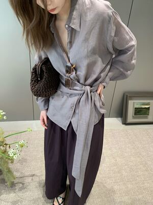 卡蔓enxi20927夏装韩系天丝亚麻绑带小众收腰长袖防晒衬衫