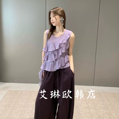 20935荷叶边苎麻无袖衬衫