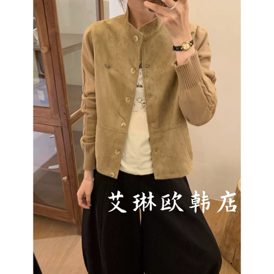 80699针织拼接袖口麂皮绒外套