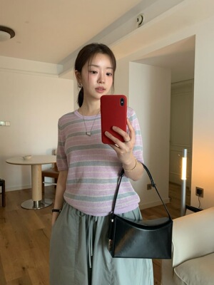 miluroom sicily米鹿35010夏韩系和纸纱圆领条纹短袖针织衫