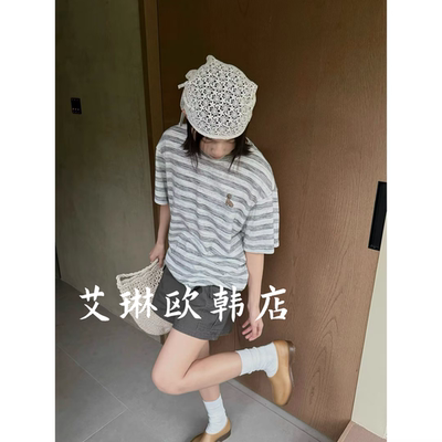 月亮家53193夏款小狗短袖条纹T恤