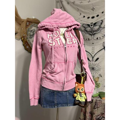 Hollister风甜妹粉色连帽卫衣女少女感显瘦收腰拉链帽衫休闲外套