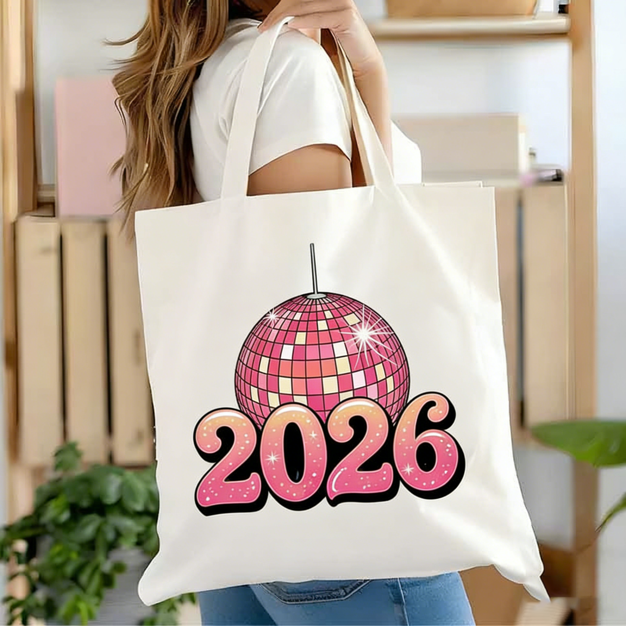 跨年氛围感拉满!2026 新年迪斯科球印花帆布包 大容量环保购物袋