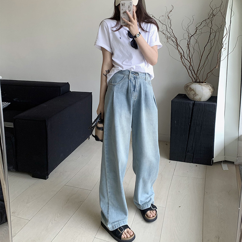 小个子裤子150设计感皱褶阔腿牛仔裤女美式高街宽松直筒长裤子潮