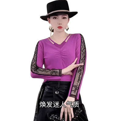 【koreanstyle】2621V领花边洋气显瘦百搭打底衫网纱拼色长袖上衣