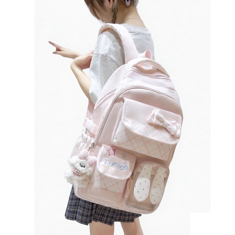 清新格子拼接蝴蝶结实长耳朵装饰少女双肩背初中小学生书包减负带