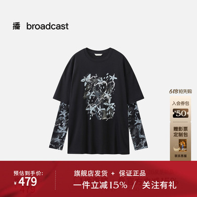 播假两件宽松长袖T恤女26春夏新款休闲印花上衣DDT1YD55051