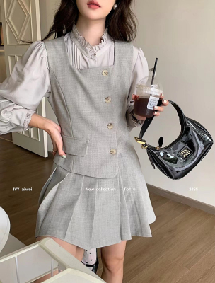 IVY早春套装法式小众木耳边长袖衬衫不规则背心百褶连衣裙两件套
