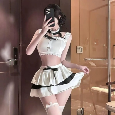 7249潮尚夜总会纯欲上衣小飞袖短款蝴蝶结短裙蓬蓬裙小个子套装