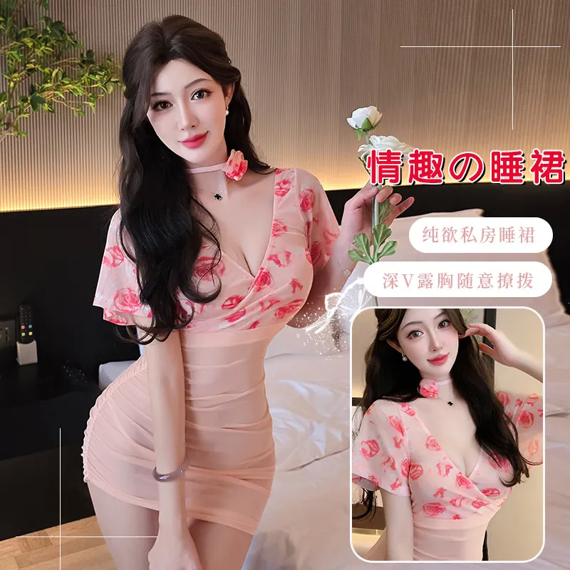 5252潮尚夜总会桑拿内衣性感深V连衣裙制服镂空旗袍纯欲连衣裙