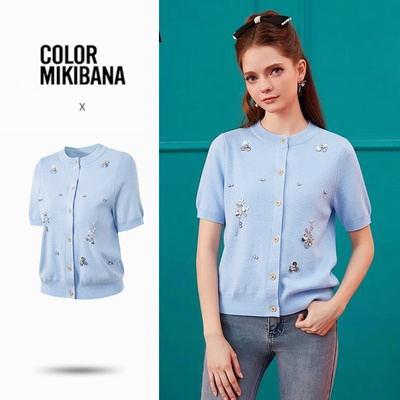 MIKIBANA春夏重工两片镶钻针织开衫女显瘦藏肉上衣女J61TC2333