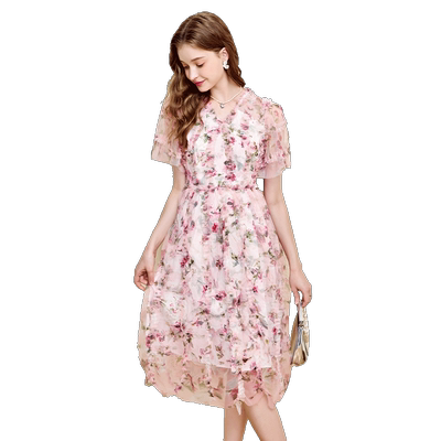 MIKIBANA气质款碎花蕾丝宫廷风短袖连衣裙JM2ZB0070