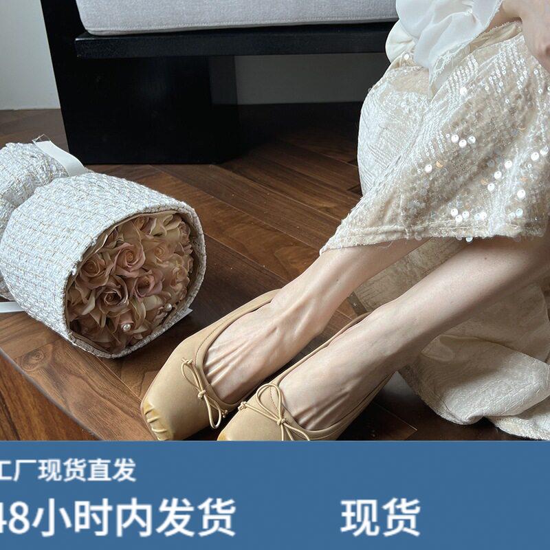 羊皮版~真皮蝴蝶结芭蕾舞鞋方头中粗跟单鞋女复古玛丽珍猪鼻子鞋
