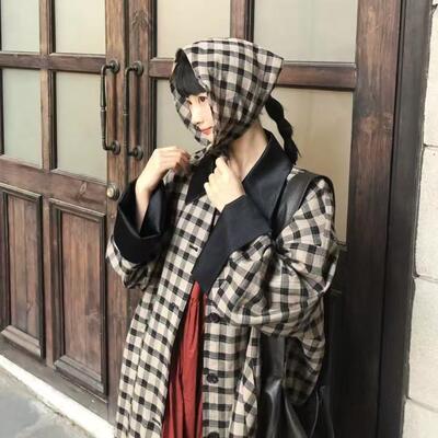高圆圆同款 PIECE MIND 25ss棕黑格纹撞色宽松中长款风衣套装