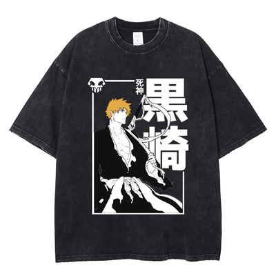水洗做旧复古T恤Kurosaki Ichigo夏季纯棉短袖原宿街头中性潮男女