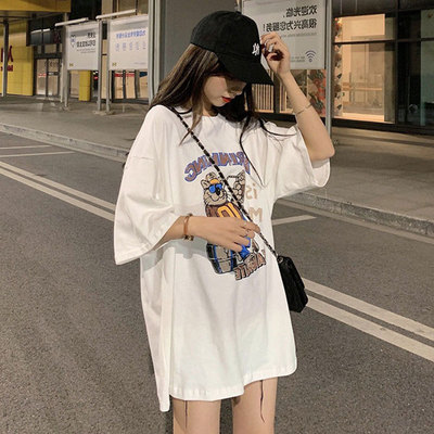 美式卡通印花短袖纯棉t恤女夏季韩版慵懒风百搭中长款上衣7232