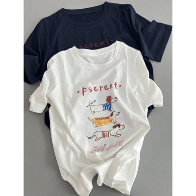 休闲风圆领印花短袖T恤棉女